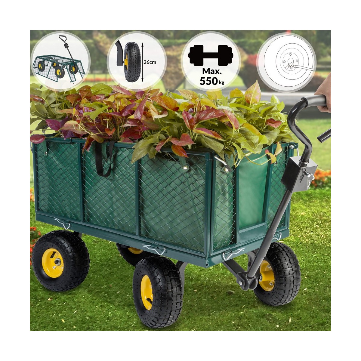 Carucior transport metalic, incarcatura 550 kg, pentru gradina, curte ...