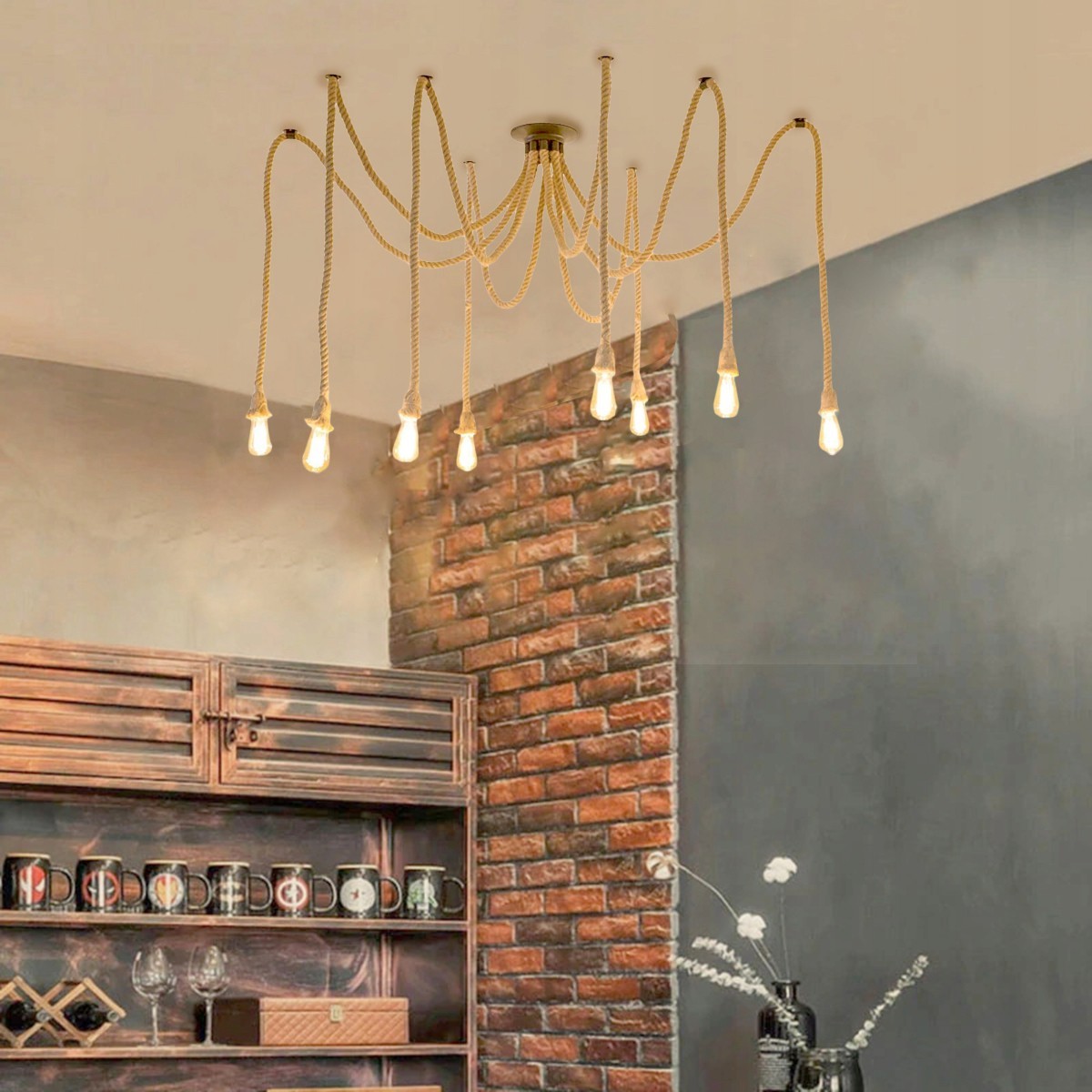 Lustra EGO SPIDER Rope, 8 socluri, E27, Bej, 220V, cablu textil tip ...